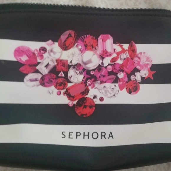 Sephora | Bags | Sephora Makeup Bag Black White Stripe Rose Cosmetic ...